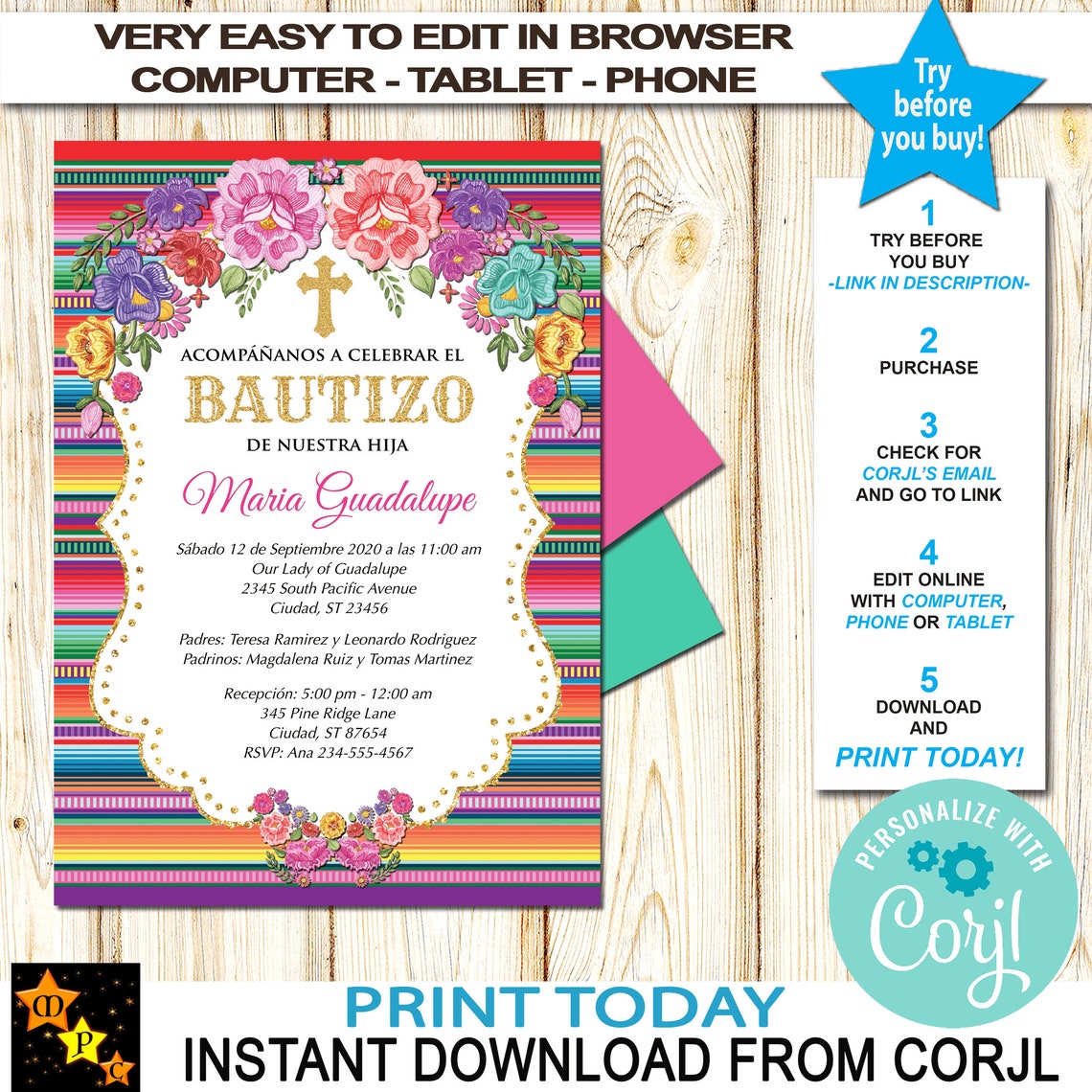 Spanish Baptism Invitation, Sarape Background, Flowers, Editable ...
