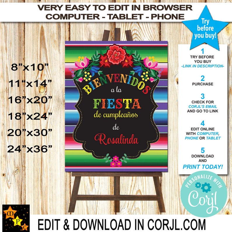 Fiesta Welcome Sign, Mexican Flowers, Sarape Background, Instant ...
