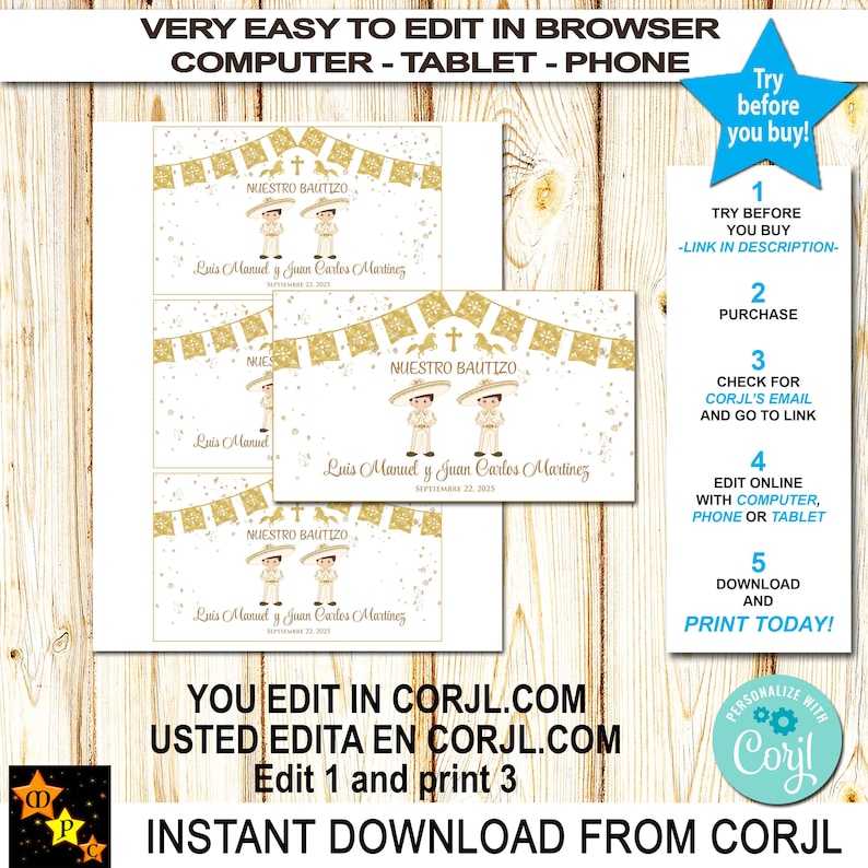 Twins Charro Baptism Candy Box Labels: Gold, Editable (digital Download ...