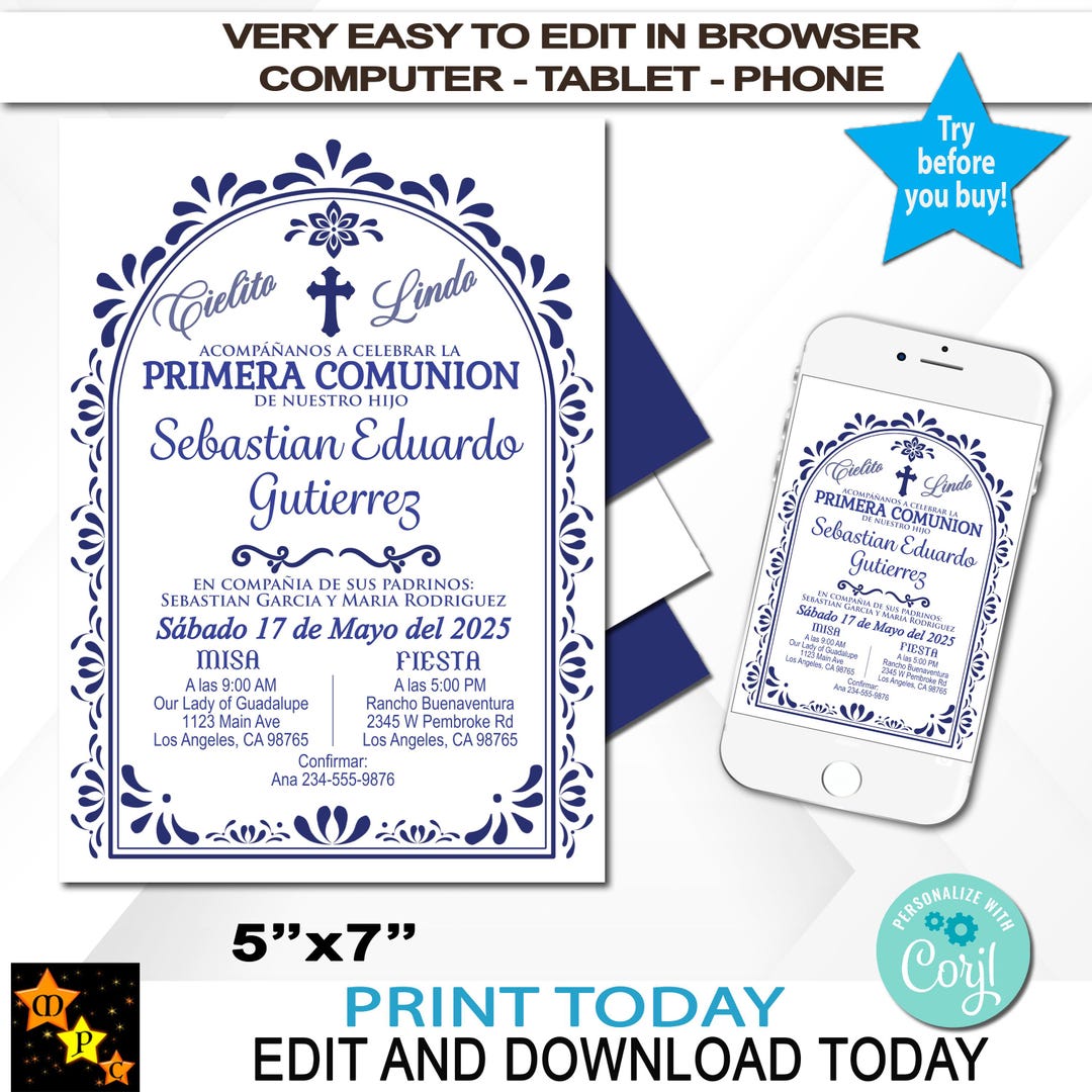 Spanish First Communion Invitation, Mexican Barro Invitacion Primera ...