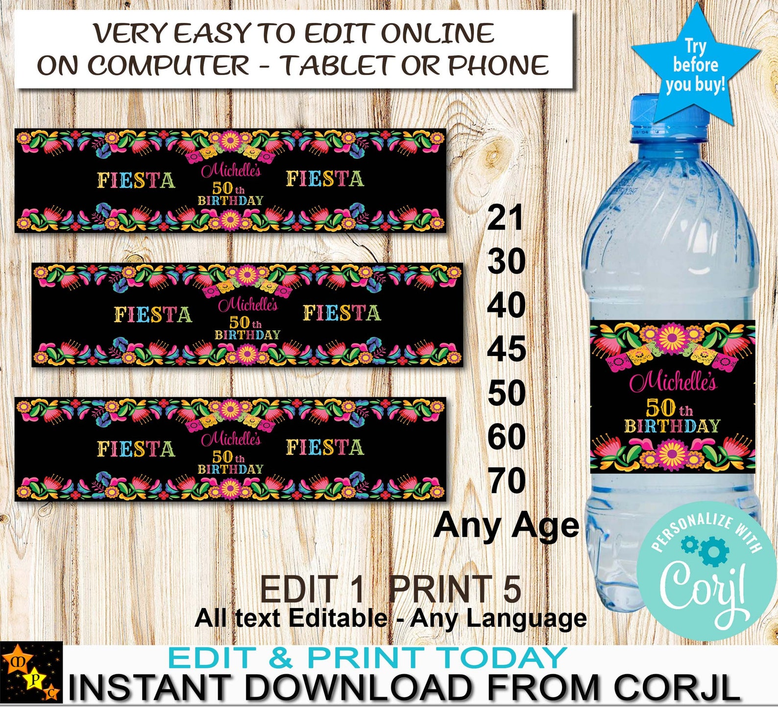 Birthday, Any Age, Mexican Water Bottle Labels, Birthday, Sarape ...
