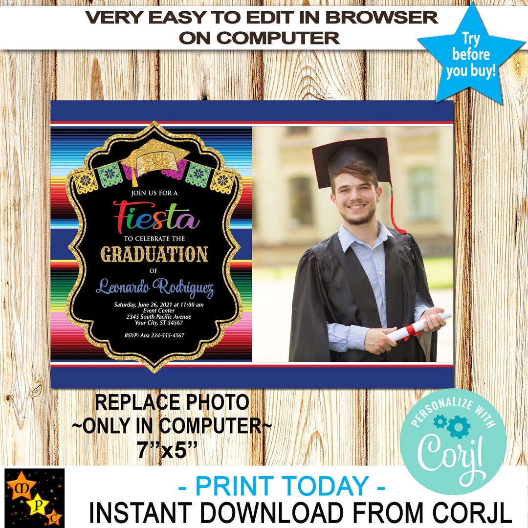 Mexican Fiesta Graduation Photo Invitation, Add Your Photo, Instant ...