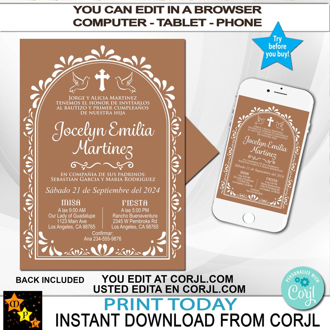 Spanish Baptism and Birthday Invitation, Mexican Barro, 5x7 (printable ...