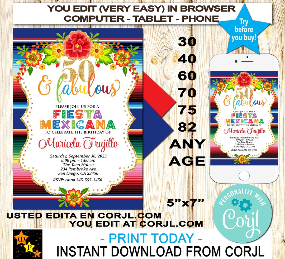 Birthday Invitation, Mexican Fiesta Flowers, Any Age, Sarape Background ...