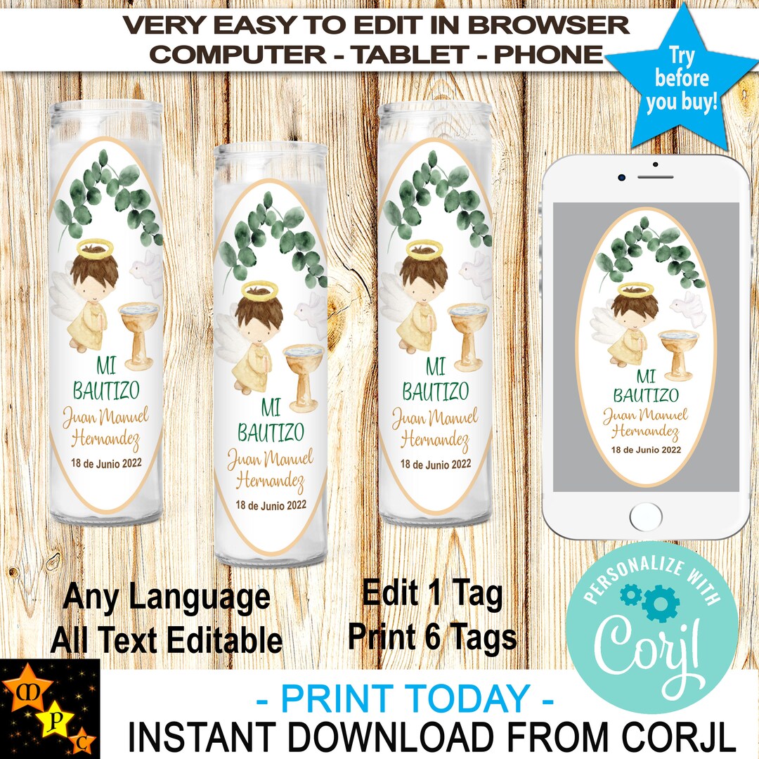Mi Bautizo Baptism Candle Labels, Angel, Boy, Baptismal Font, Instant ...