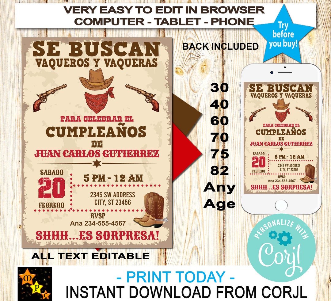 Spanish Western Cowboy Rustic Invitacion Vaquera Birthday Invitation ...