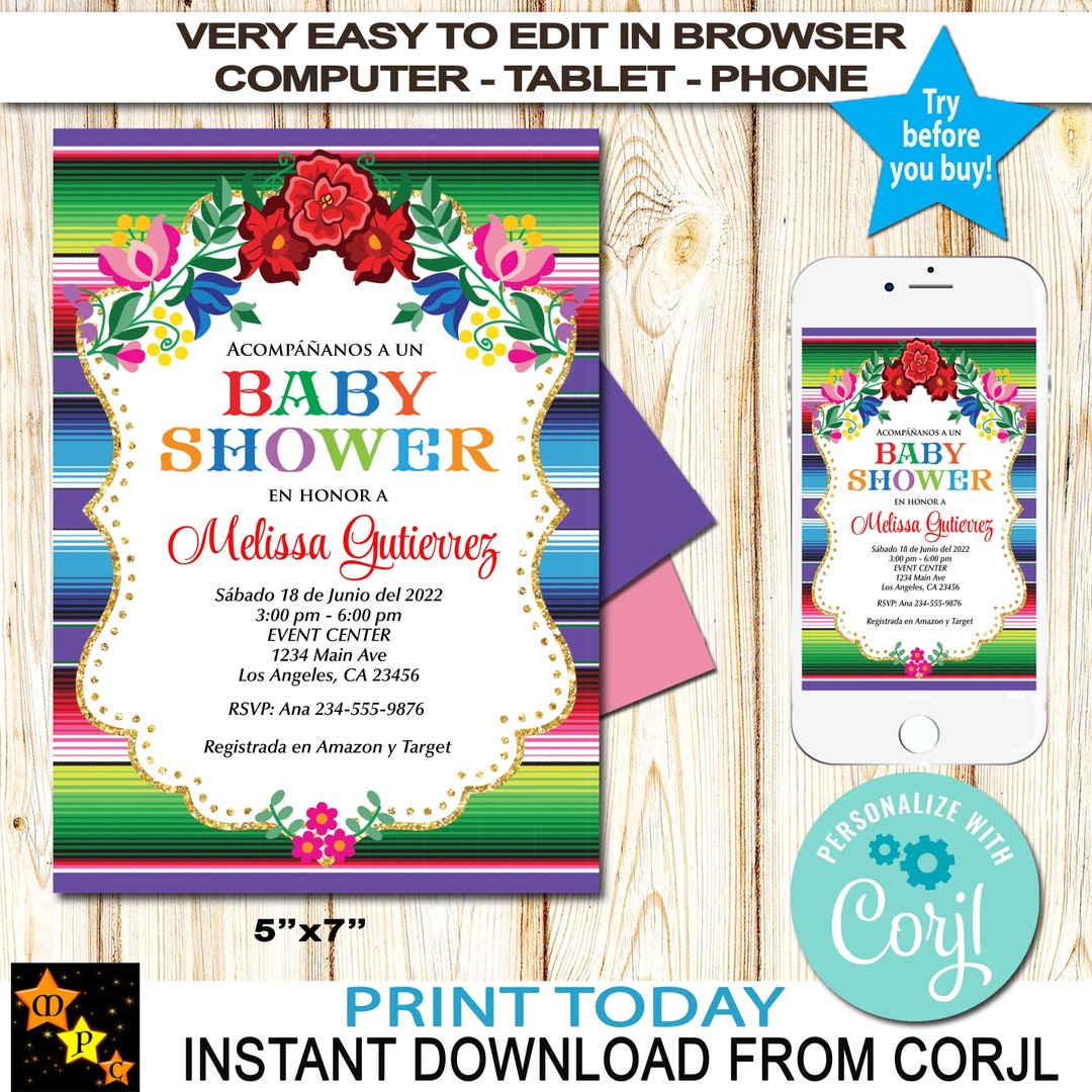Spanish Baby Shower Invitation, Mexican Theme, Sarape, Flowers, Instant ...