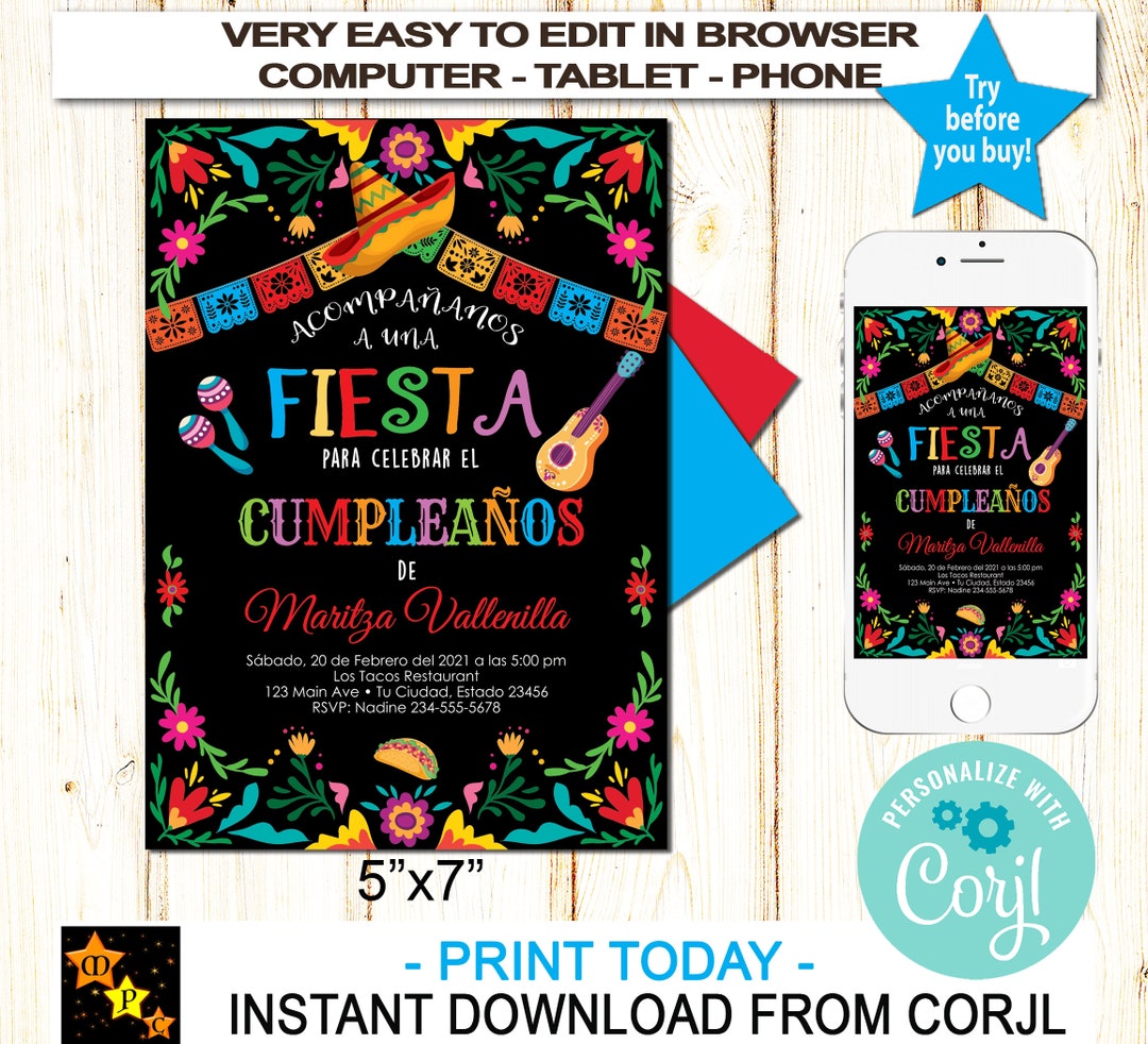 Spanish Birthday Invitation Mexican Theme, No Age, Instant Download ...