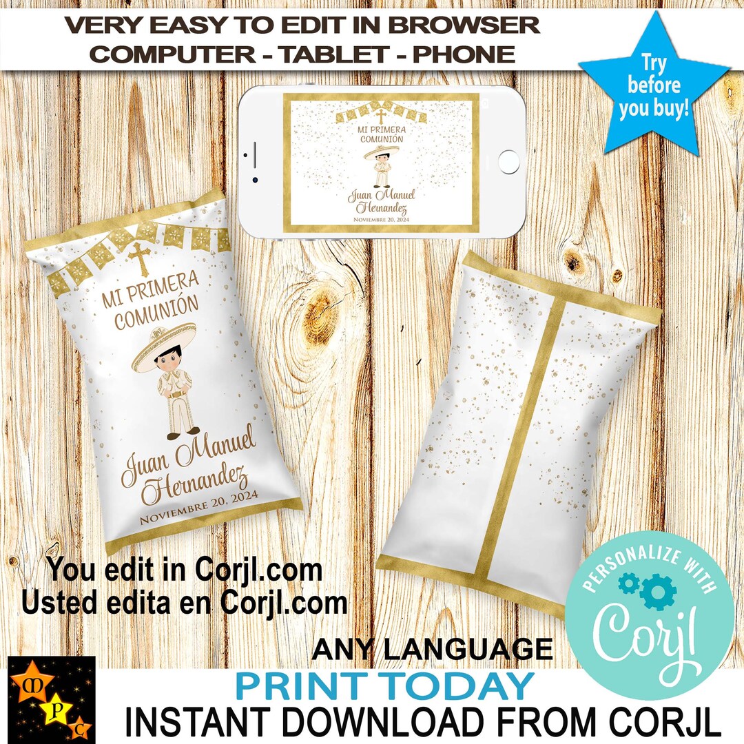 First Communion Chip Bag Mexican Theme, Charro, Boy, Gold, DIY, Instant ...