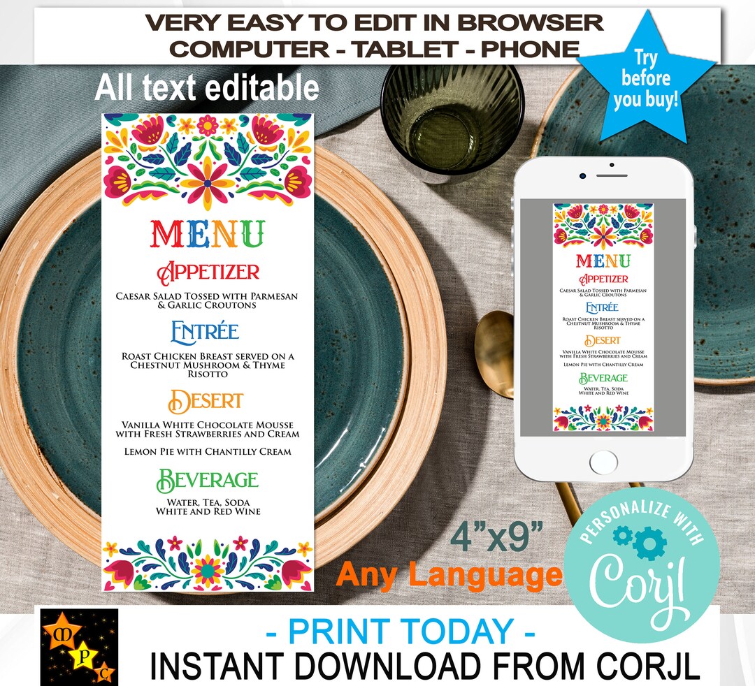 Mexican Style Menu, Editable, Flowers, All Text Editable, Any Language ...