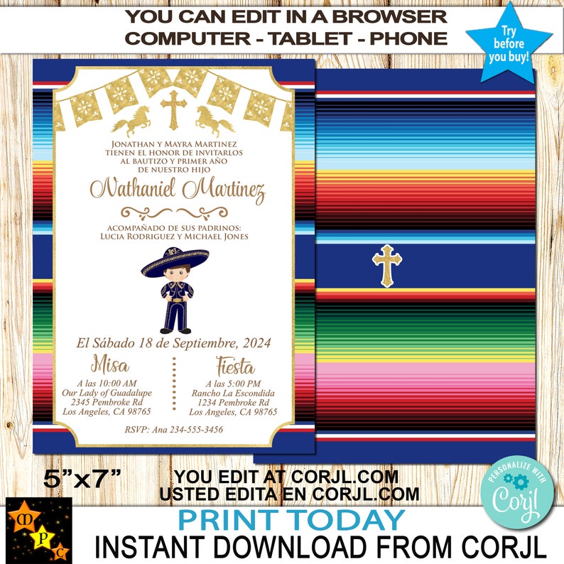 Editable Spanish Baptism Invitation, Mexican Theme, Sarape Background ...