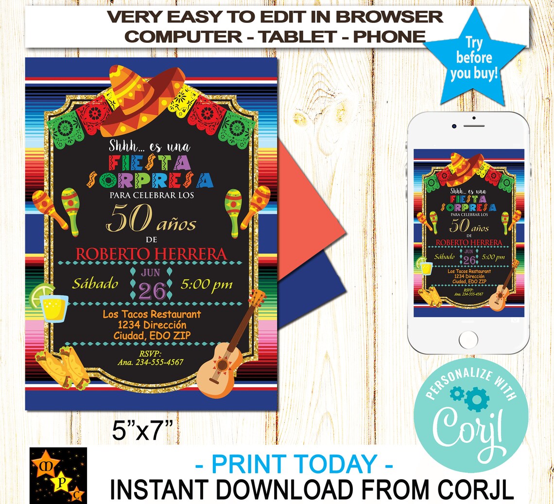 Spanish Surprise Fiesta Birthday Invitation Mexican Theme - Etsy