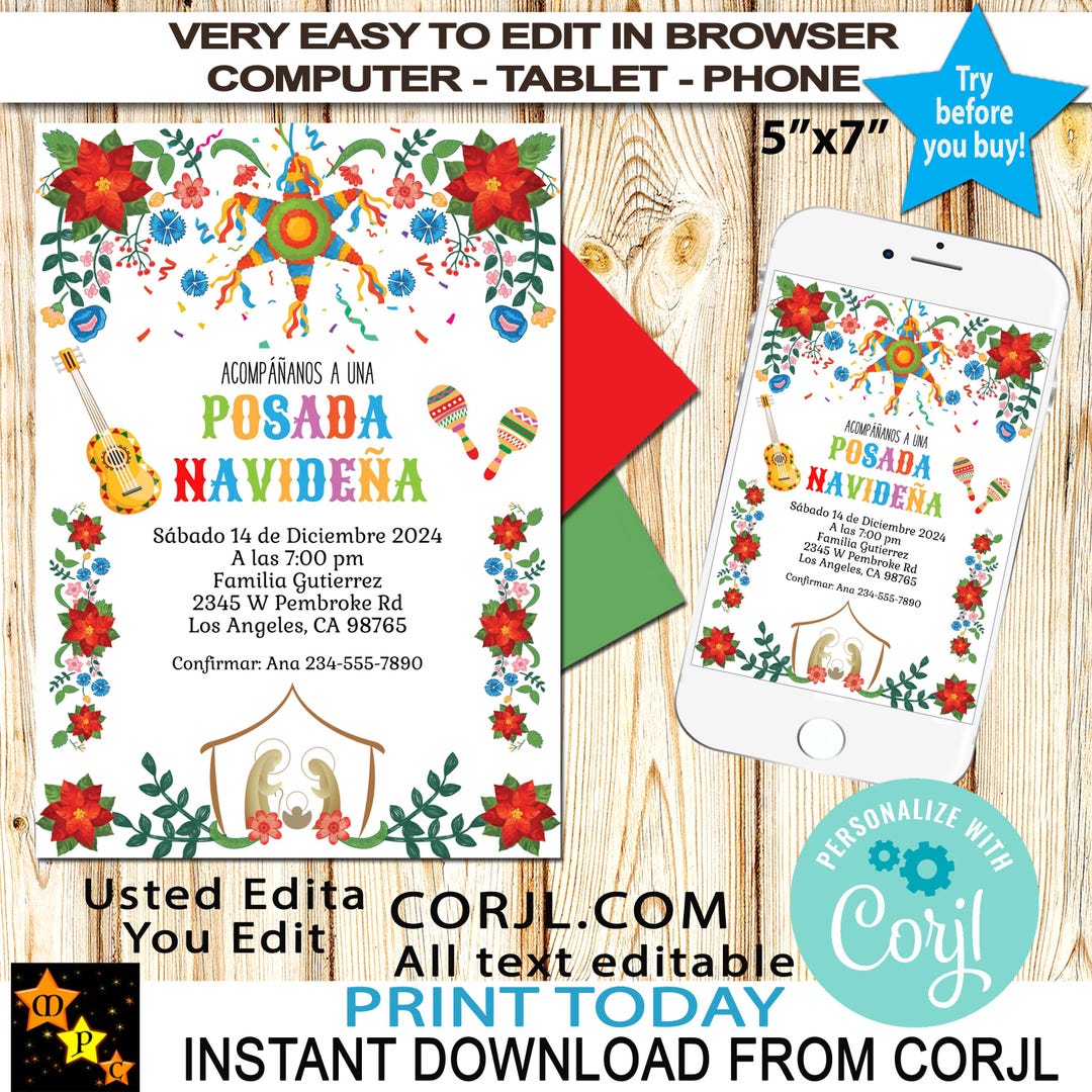 Spanish Mexican Christmas Posada Invitation, Nativity, Christmas Flowers, Printable, Edit and ...