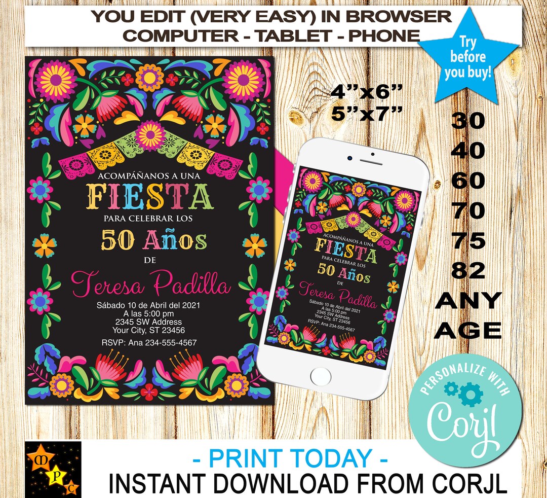SPANISH Birthday Invitation, Mexican Fiesta Flowers, Any Age, Instant ...