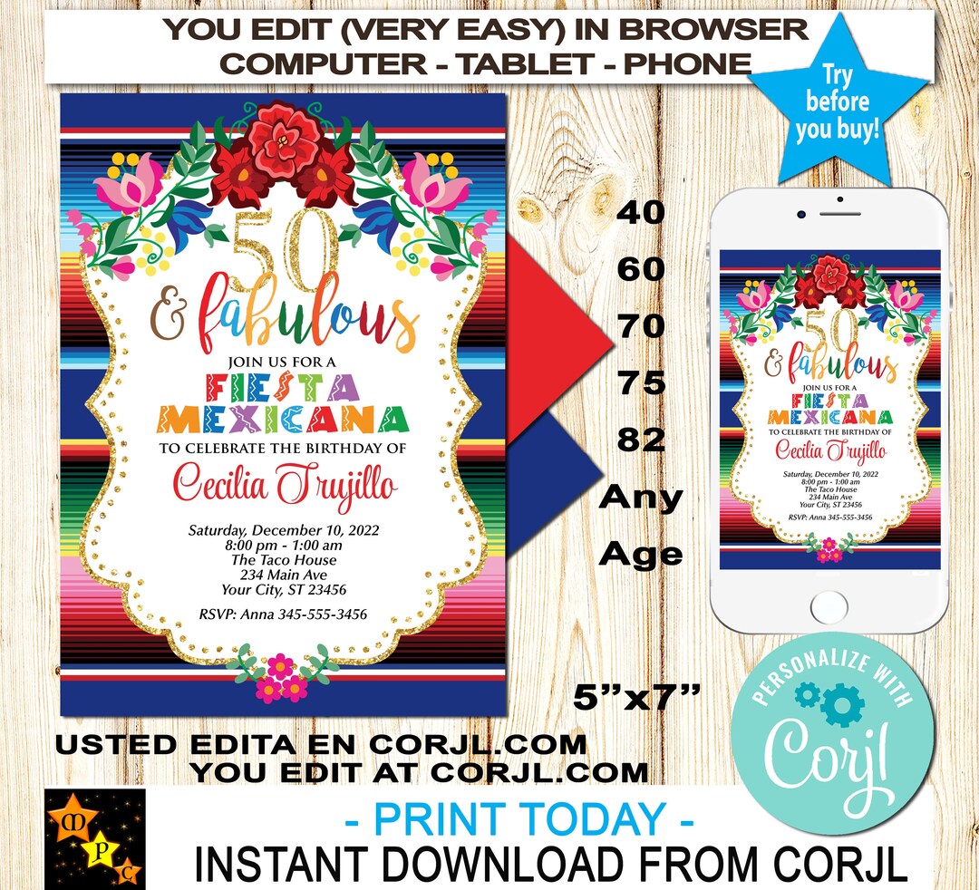Mexican Fiesta Birthday Invitation, Floral Sarape, Editable Template ...