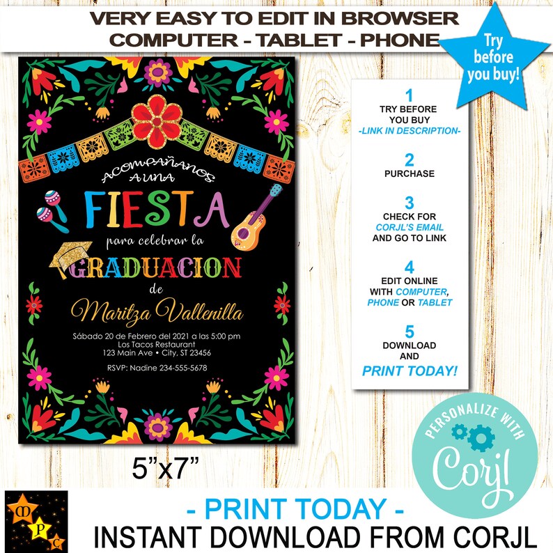 Spanish Graduation Invitation Mexican Flowers Mexican Fiesta - Etsy