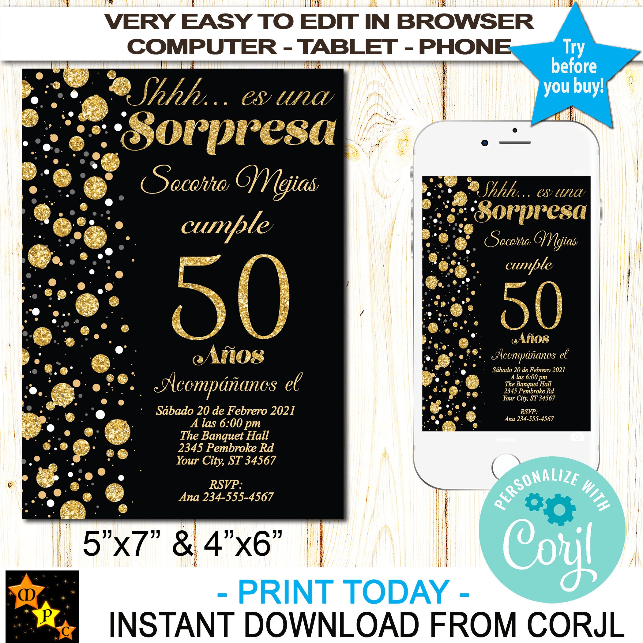 Spanish Birthday Surprise Invitation – Black and Gold Confetti (digital ...