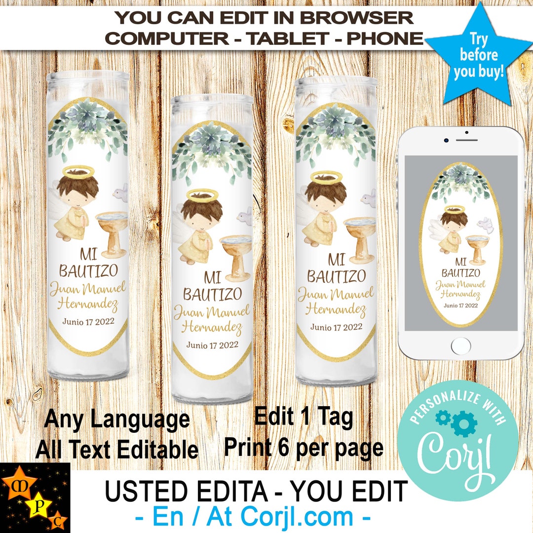 Mi Bautizo Baptism Candle Labels, Angel, Boy, Baptismal Font, Instant ...