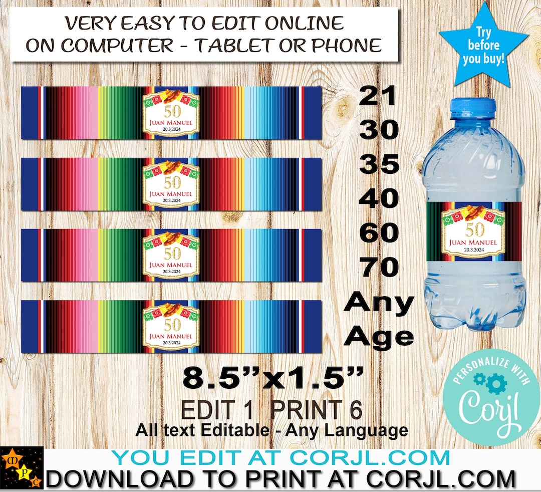 Mexican Fiesta Birthday Water Bottle Labels, Sarape, Editable (instant ...