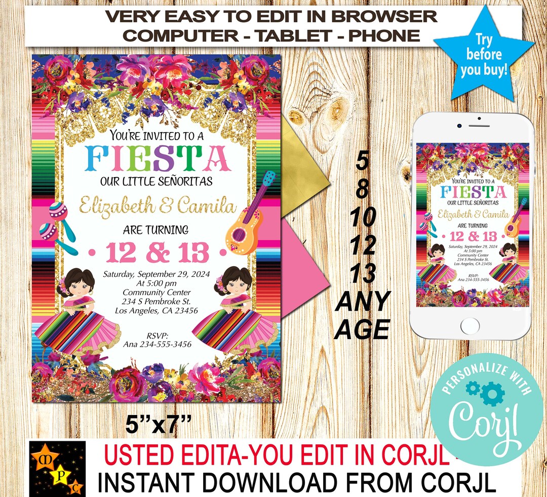 Fiesta Birthday Invitation, 2 Girls, Printable, Siblings, Hermanas ...