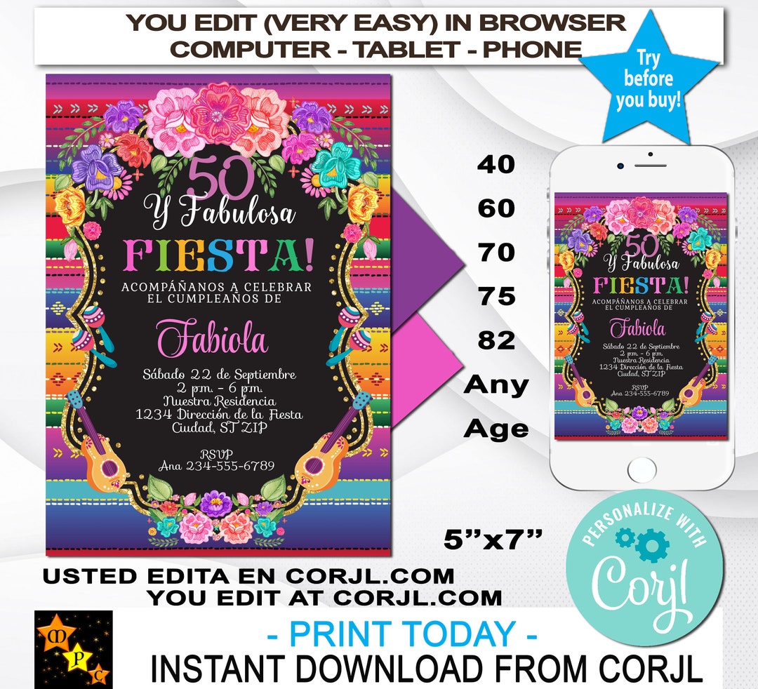 Spanish Birthday Invitation, Mexican Fiesta Flowers, Any Age, Sarape ...
