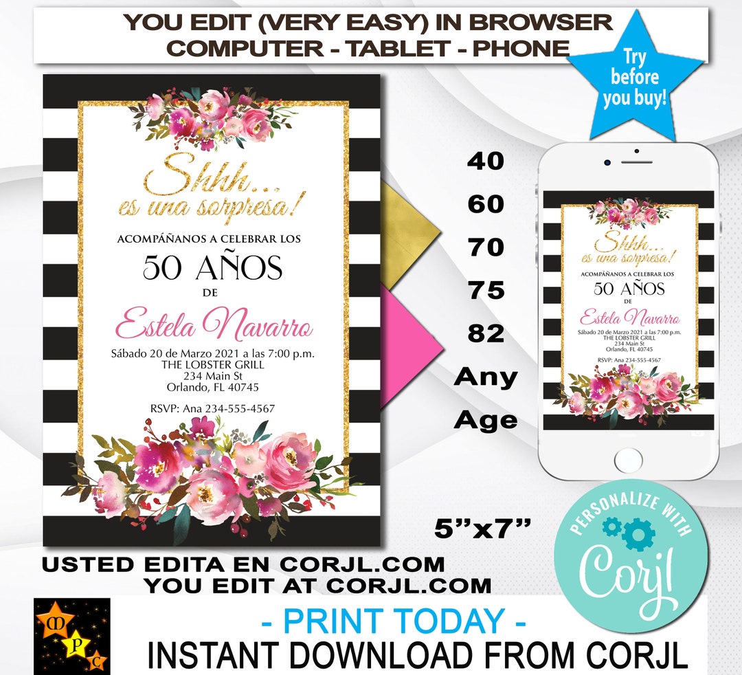 Spanish Surprise Birthday Invitation, Floral, Any Age, Instant Download ...
