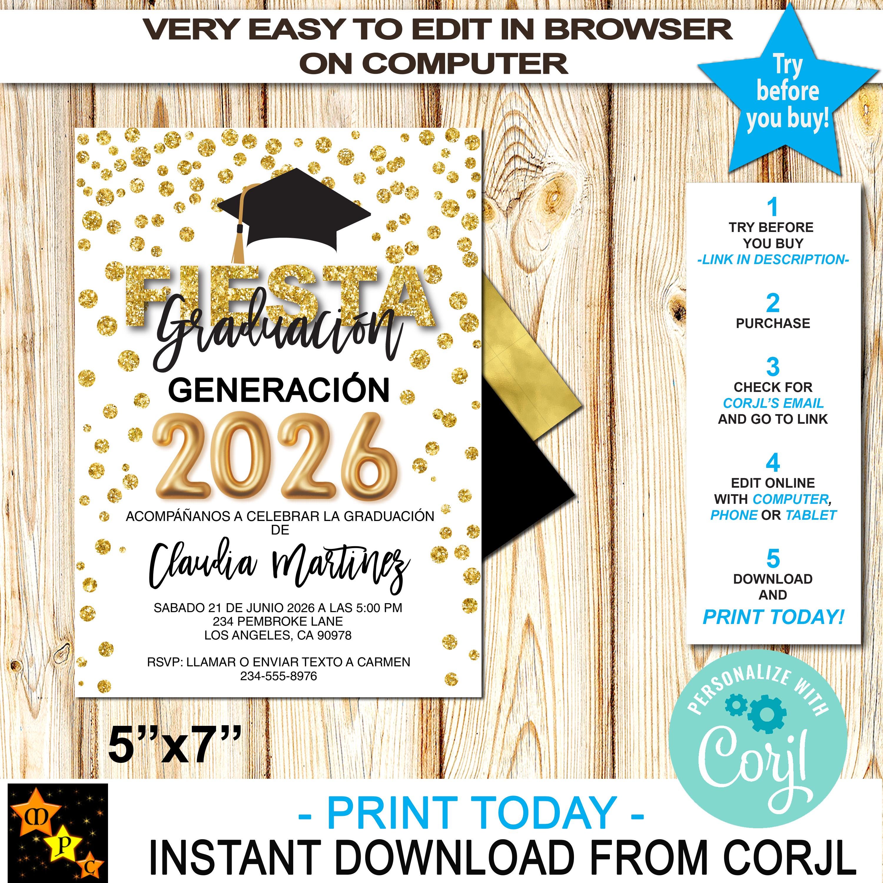 Spanish Graduation Party Invitation, Black and Gold, Printable, 5"x7 ...