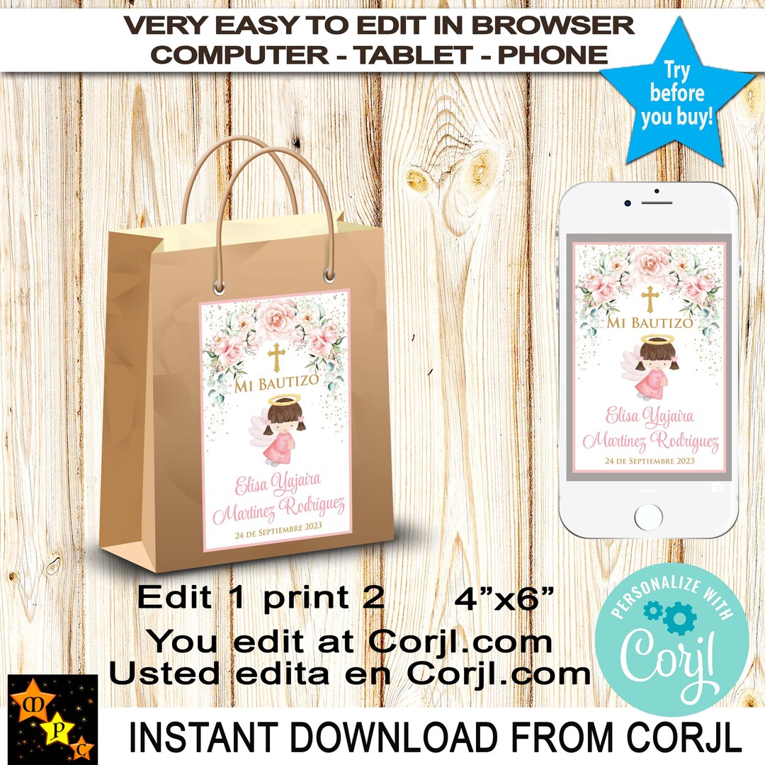 Baptism Thank You, Labels for Bag, Angel, Angelita, Pink Roses, Edit ...