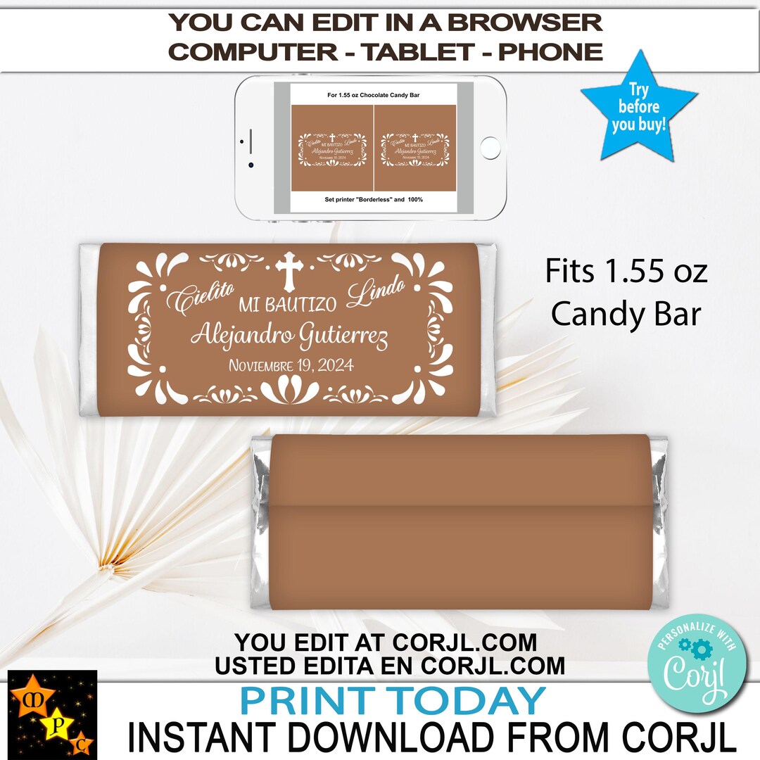 Mi Bautizo Baptism Chocolate Candy Bar Wrapper, Cielito Lindo, Mexican ...
