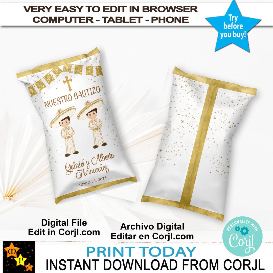 Charro Baptism Chip Bag, Mexican Theme, Twins (digital Download) - Etsy