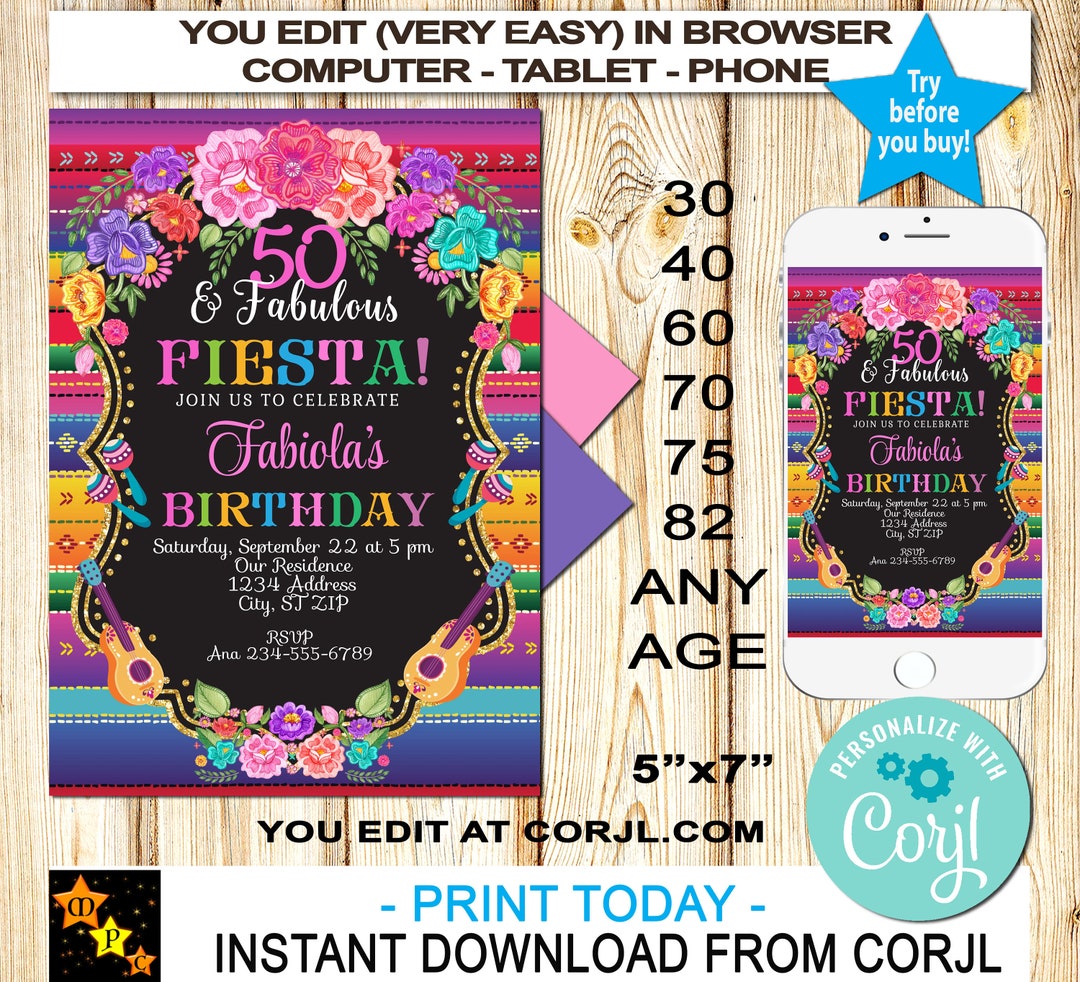 Mexican Fiesta Birthday Invitation, Mexican Flowers, Any Age, Sarape ...