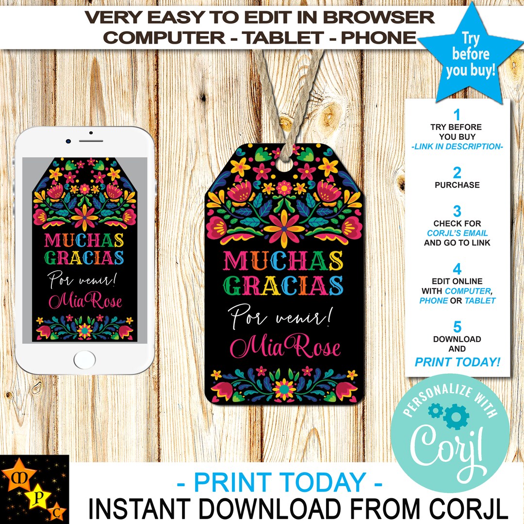 Spanish Thank You Tags Mexican Flowers, Fiesta, Birthday, DIY, Instant ...