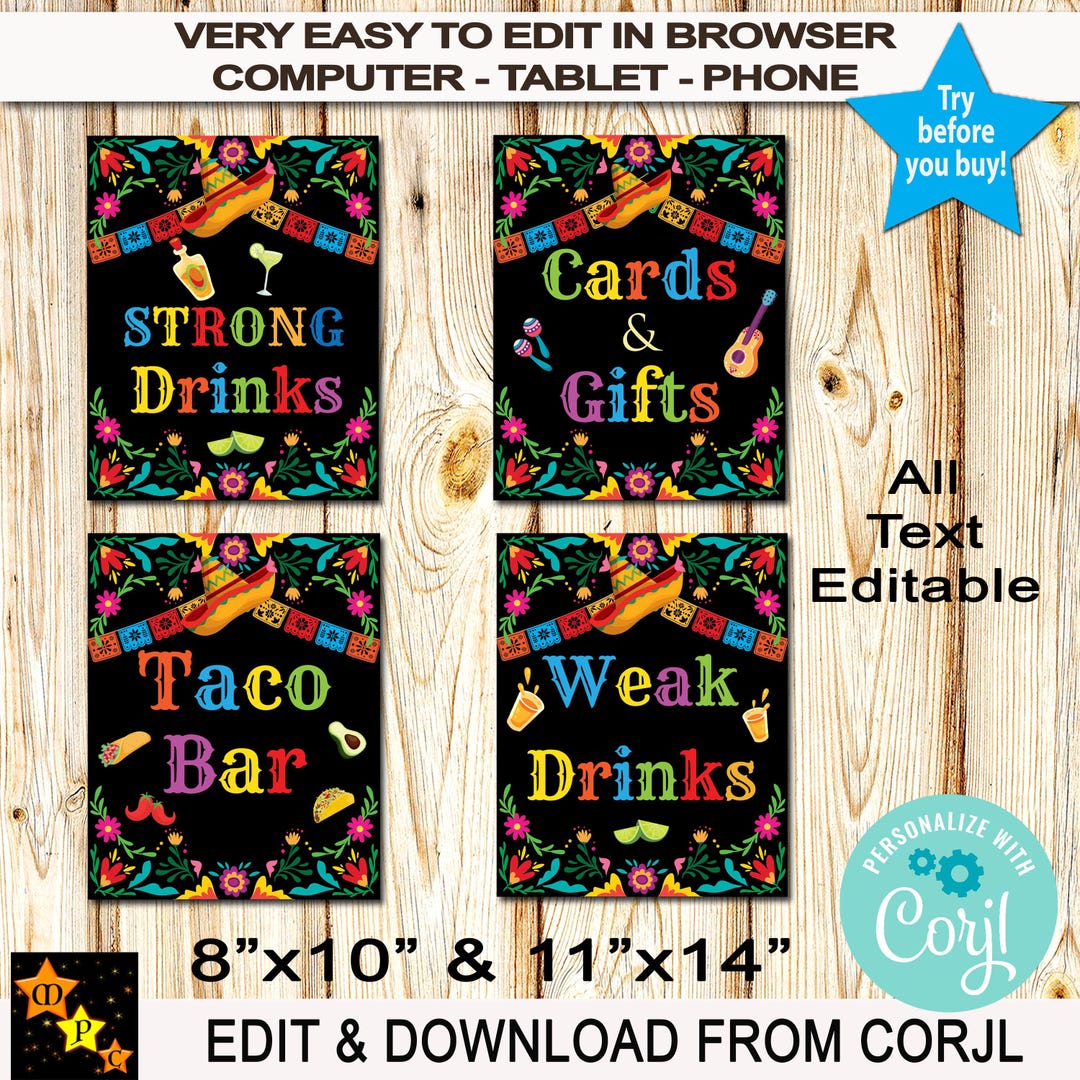 4 Mexican Signs Party, Editable, 2 Sizes, 8"x10" & 11"x14", All Wording ...