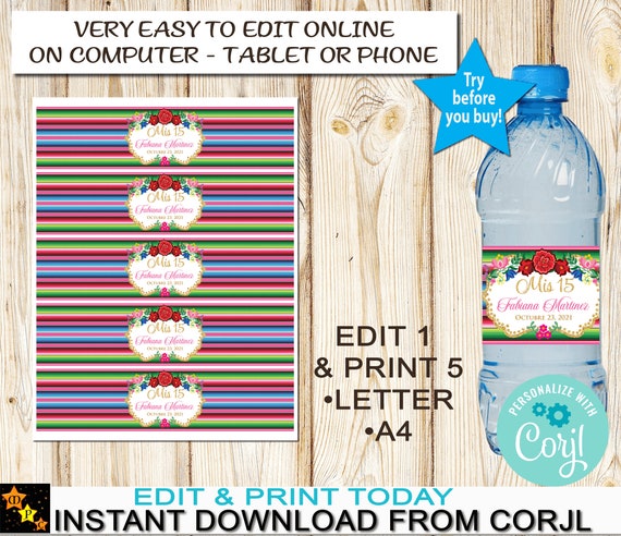 Editable Mexican Water Bottle Labels Quinceañera Mis Quince | Etsy