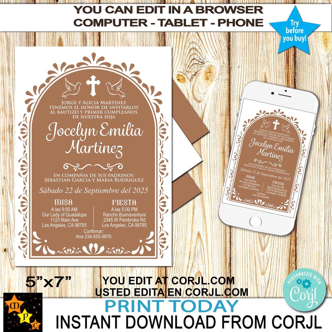 Spanish Baptism Invitation: Mexican Barro Clay Design (5x7 Printable ...