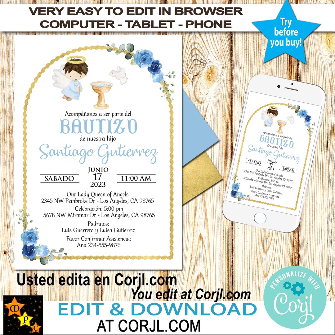 Editable Spanish Baptism Invitation, Angel, Angelito, Blue Flowers ...