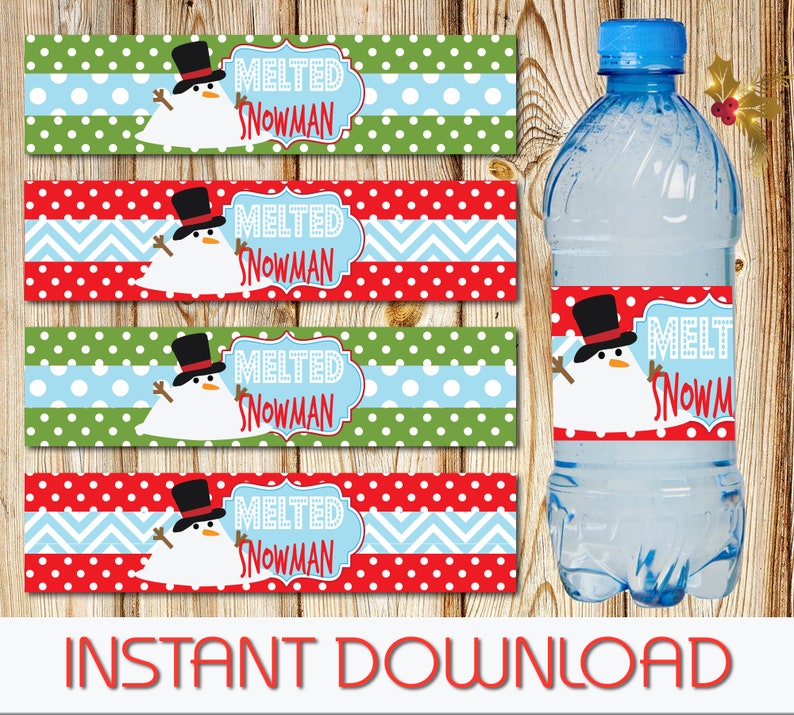 Printable Melted Snowman Water Bottle Label, Christmas Party (instant ...