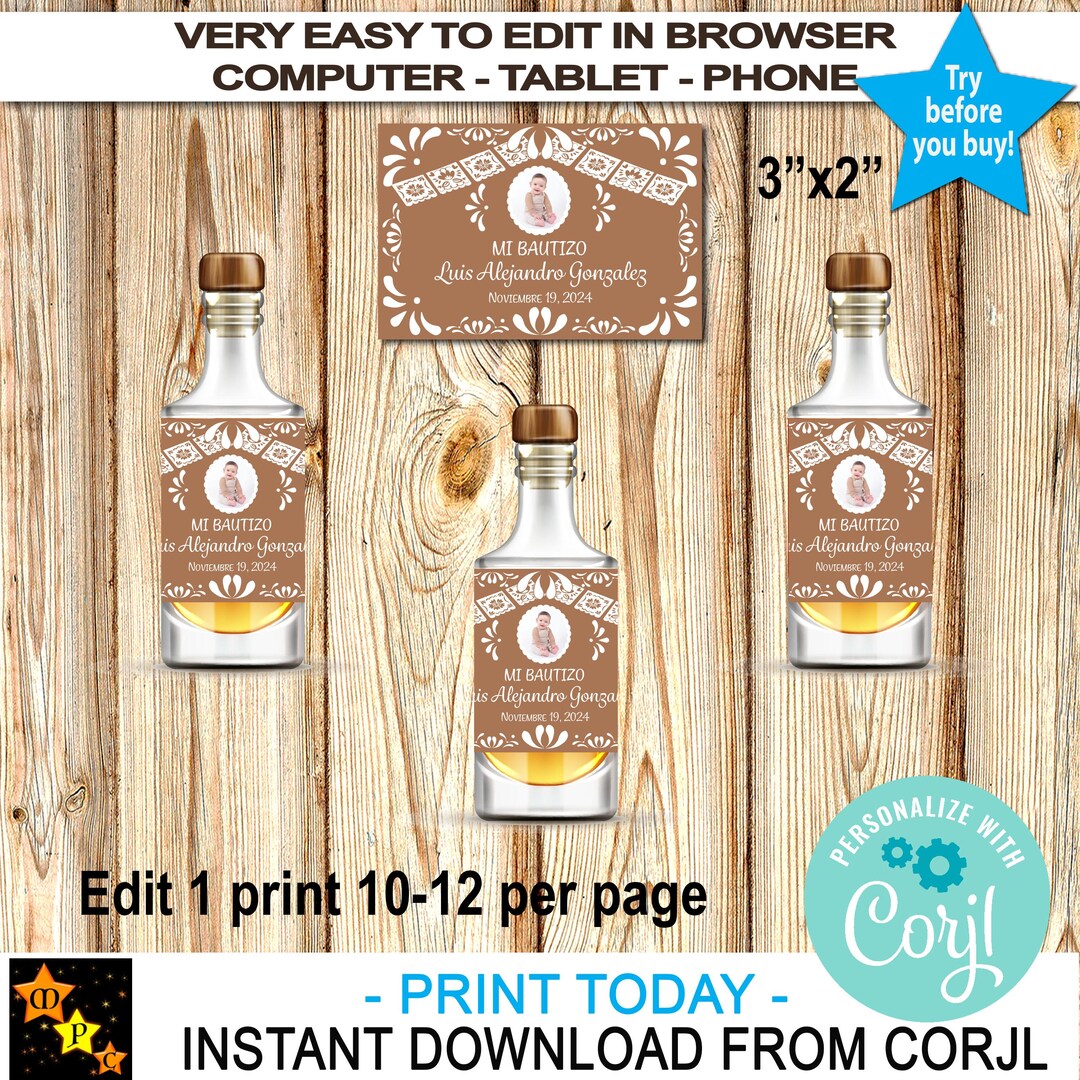 Baptism Mini Liquor Bottle Labels, Barro Theme, Editable, Printable ...