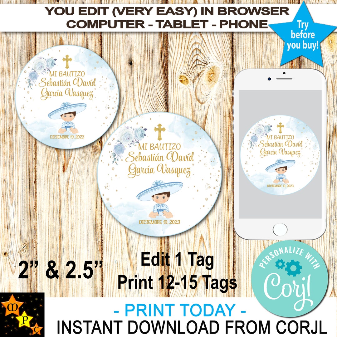 Baptism Favor Tags, Baby Charro, Blue Charro, Gold Mexican Style ...