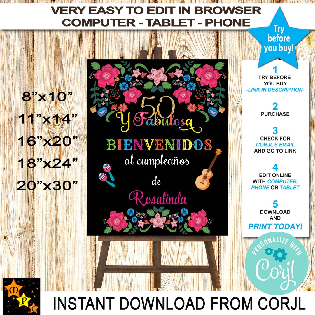 Birthday Welcome Sign, Fiesta Mexican Flowers, Instant Download From ...