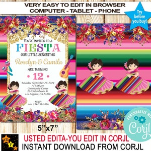 Fiesta Birthday Invitation, 2 Girls, Twins, Printable, Mexican Theme ...