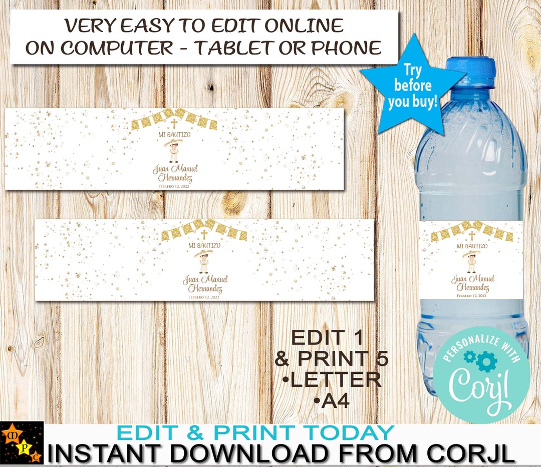 Editable Water Bottle Labels, Baptism, Mexican Theme, Toddler Charro ...