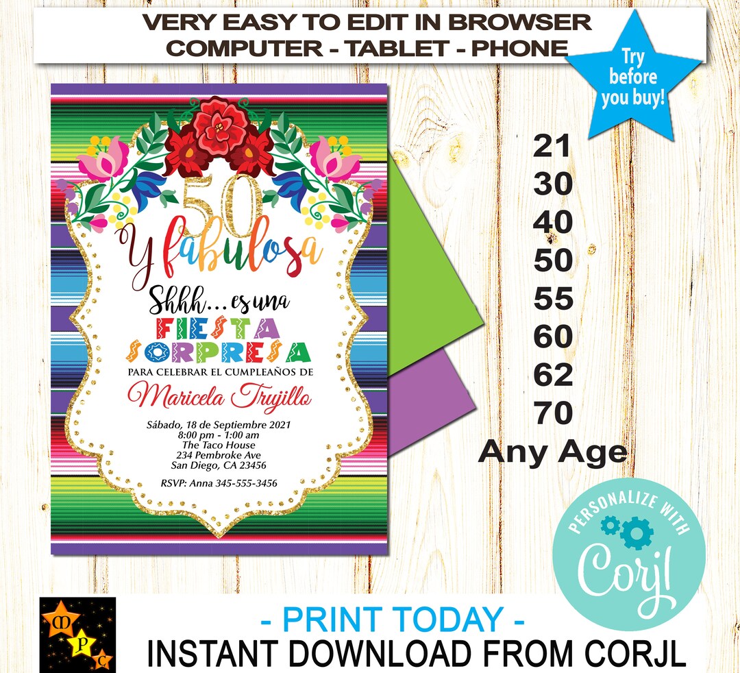 Spanish Surprise Fiesta Invitation, Mexican Fiesta Flowers, Any Age ...