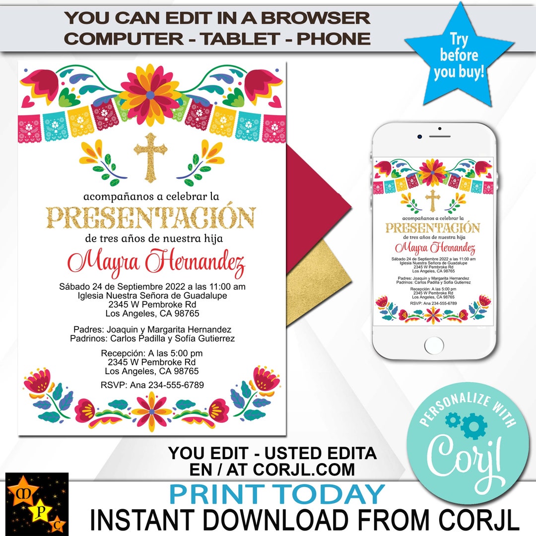 Spanish Presentation Invitation, 3 Years, Any Age, Mexican Flowers and ...
