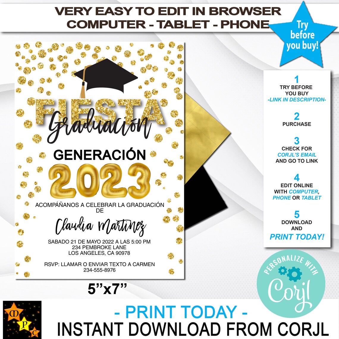 Spanish Graduation Party Invitation Black and Gold INSTANT - Etsy