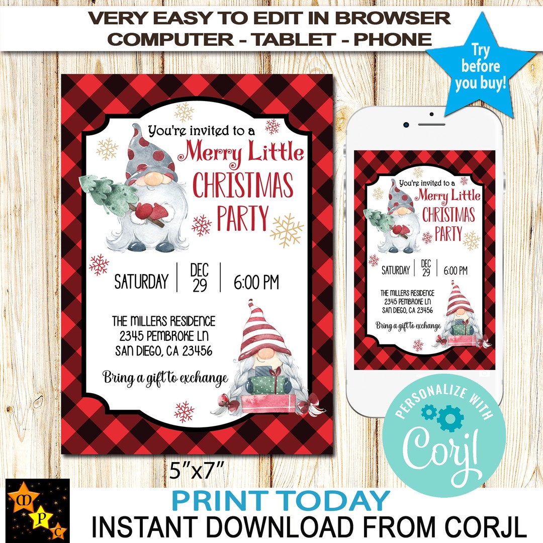Gnome Christmas Party Invitation, Gift Exchange, 5x7 (digital Download ...