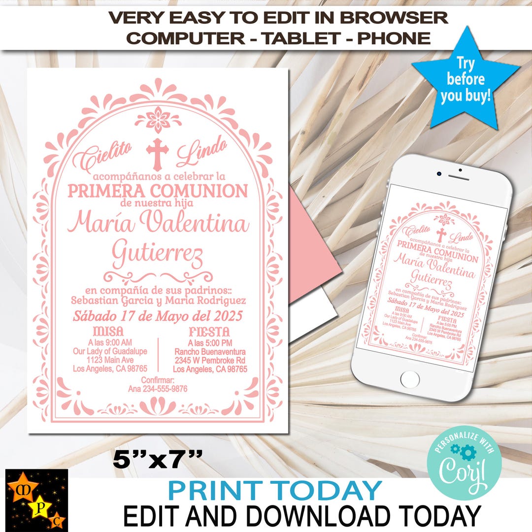 Spanish First Communion Invitation, Pink Talavera, 5x7 (printable) - Etsy
