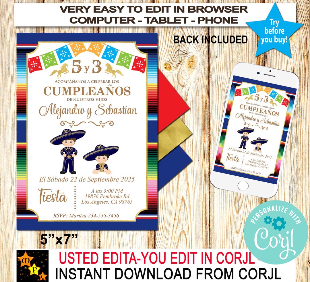 Spanish Fiesta Birthday Invitation, Two Boys, Siblings, Hermanos (corjl ...