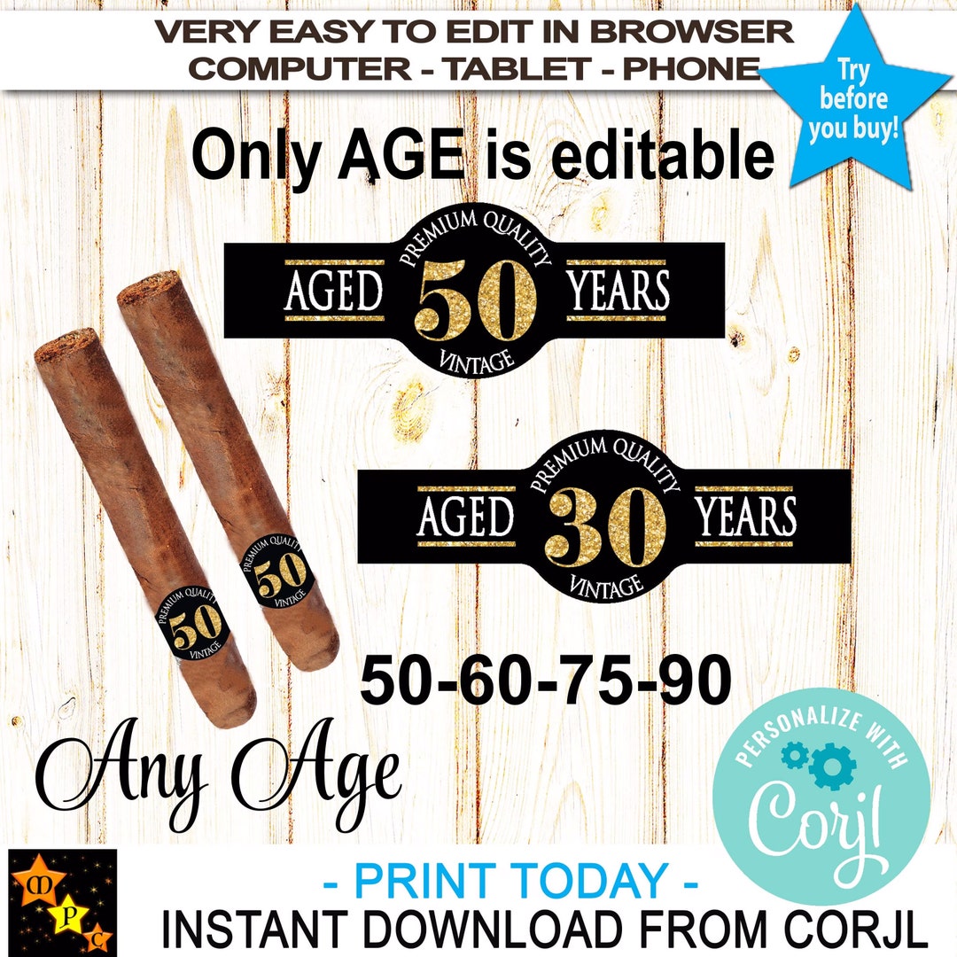 Editable Cigar Labels 50th Birthday, Any Age Cigar Band, Gold, Whiskey ...