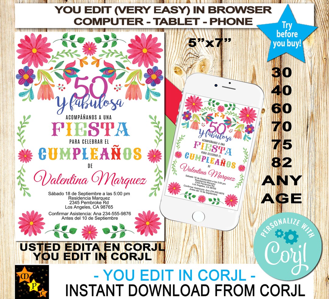 SPANISH Birthday Invitation, Mexican Fiesta Flowers, Any Age, Edit and ...